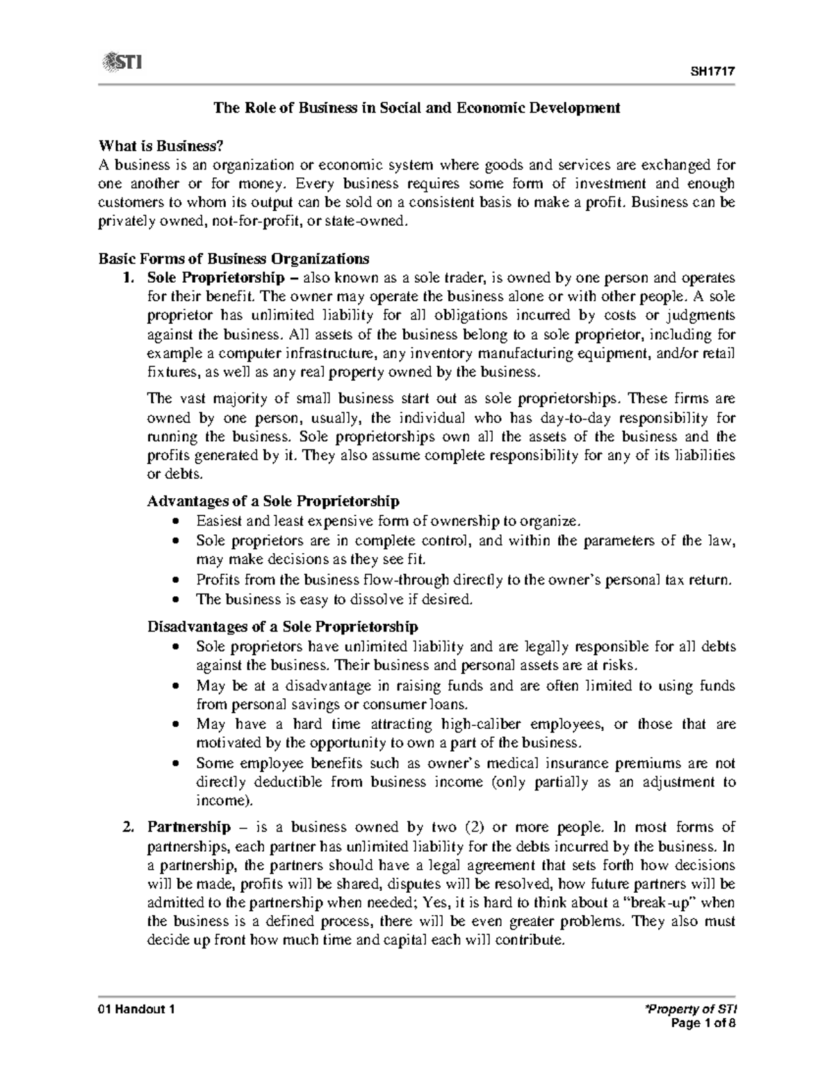 01 Handout 1 business - SH1717 The Role of Business in Social and ...