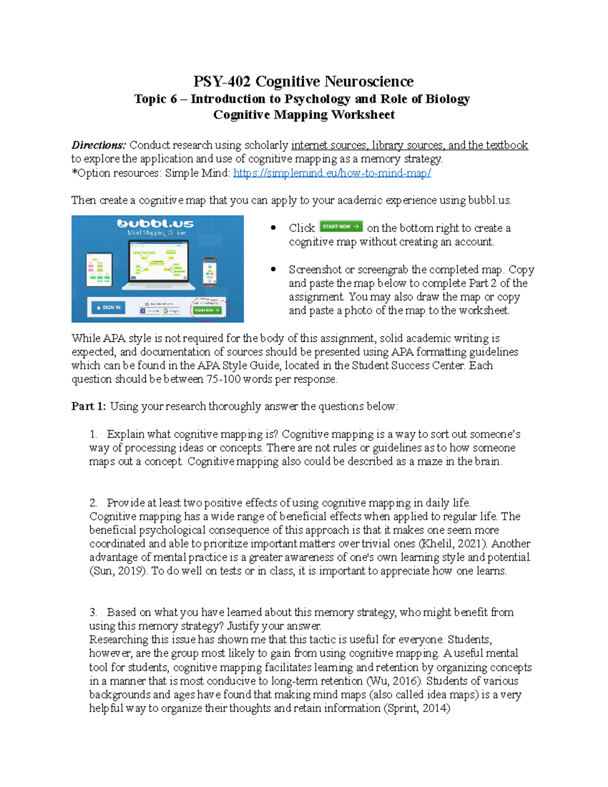 PSY 402 RS Cognitive Mapping Worksheet - PSY-402 Cognitive Neuroscience ...