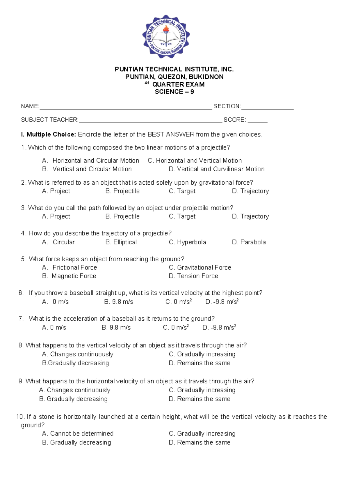 Quarter 4 EXAM - exam - PUNTIAN TECHNICAL INSTITUTE, INC. PUNTIAN ...