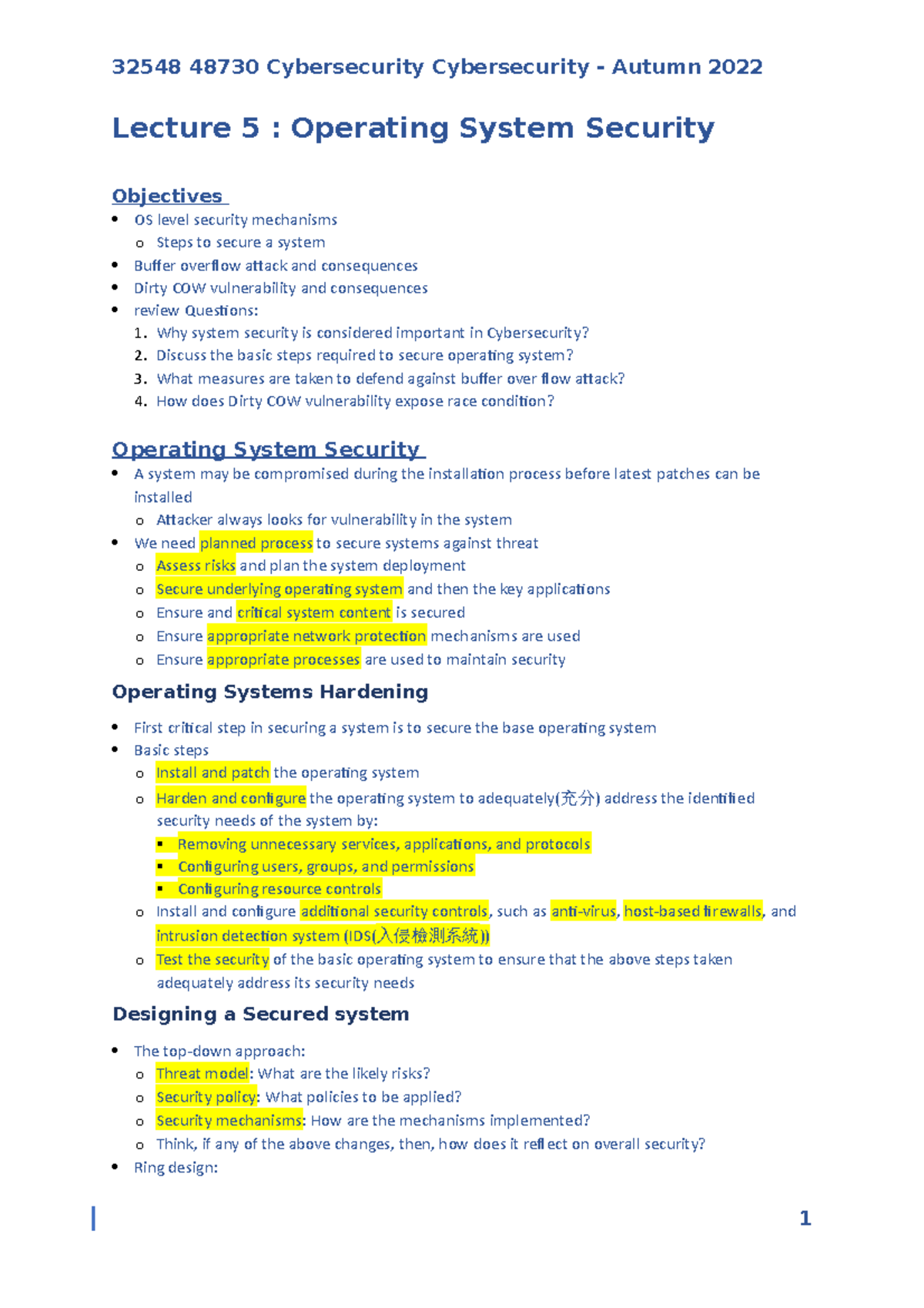 Lecture 5 Note - Lecture 5 : Operating System Security Objectives OS ...