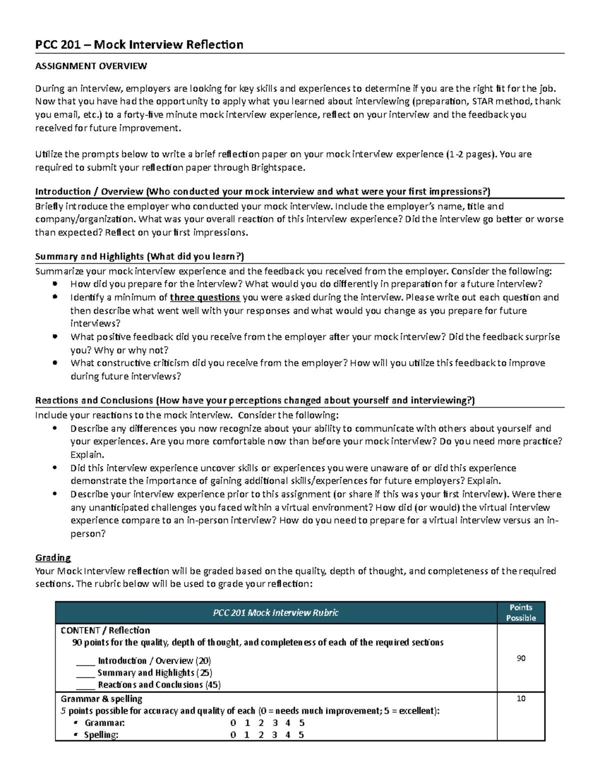 PCC 201 Mock Interview Reflection - Now that you have had the opportunity to apply what you ...