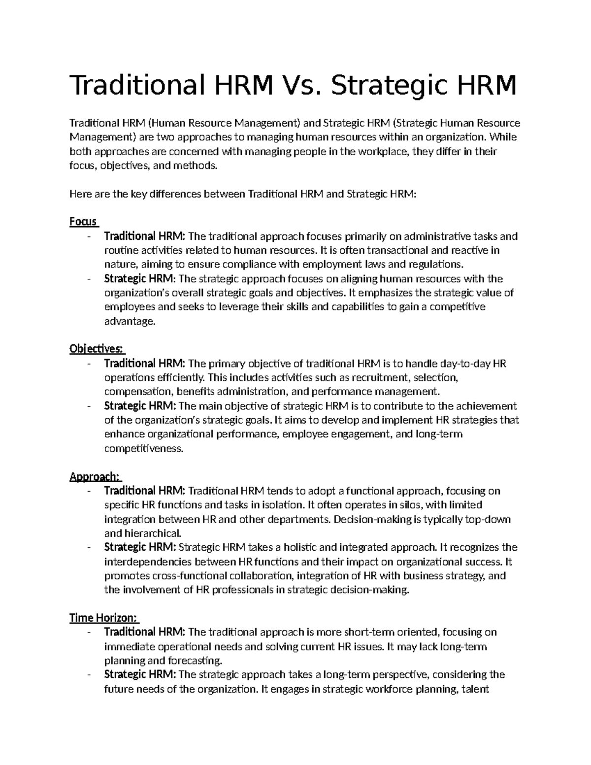 Traditional HRM Vs SHRM - Traditional HRM Vs. Strategic HRM Traditional ...