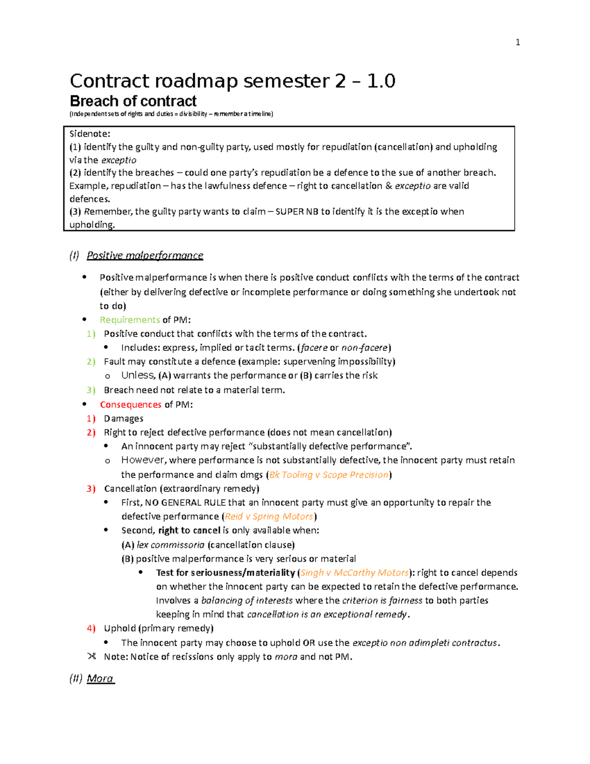 Contract Notes Breach & remedies - Contract roadmap semester 2 – 1 ...