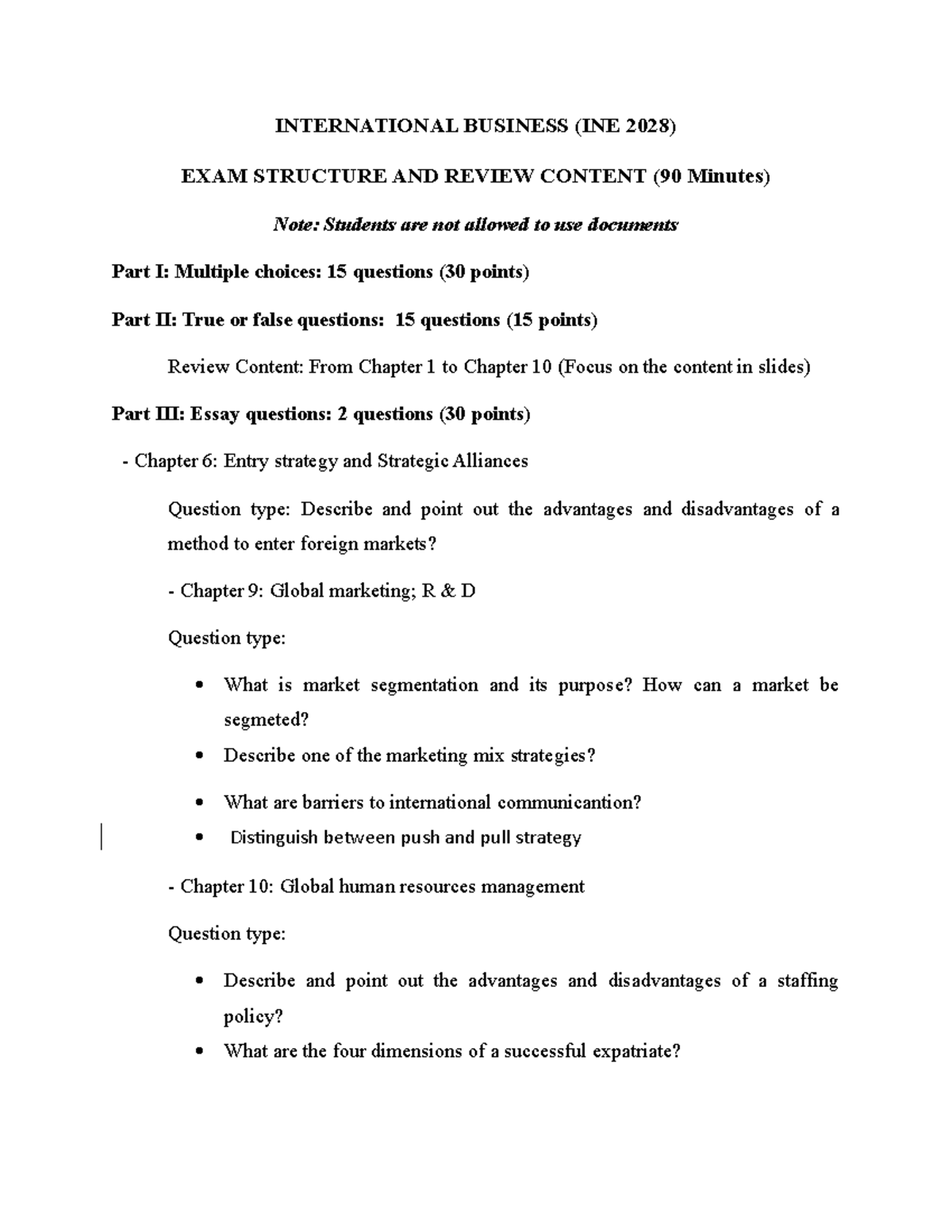 Exam structure and review content - INTERNATIONAL BUSINESS (INE 2028 ...