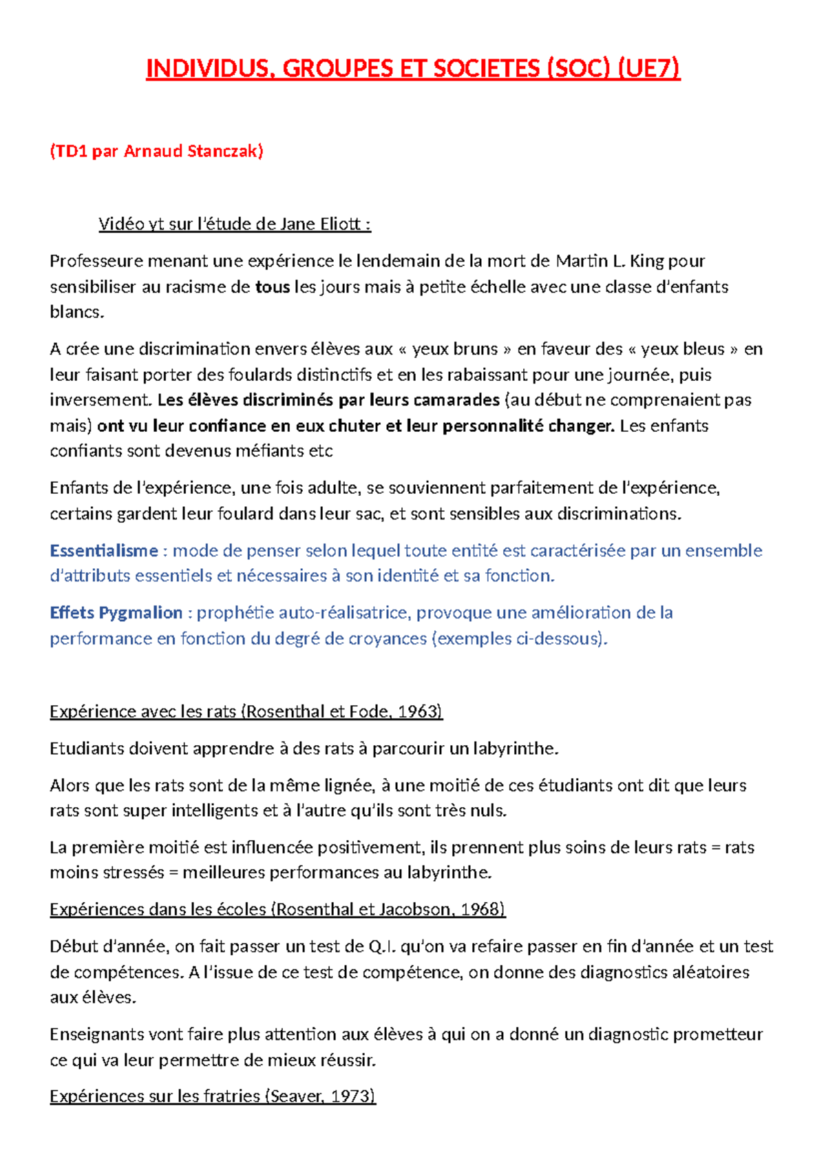 TD 1, (UE7) - Arnaud Stanczak - INDIVIDUS, GROUPES ET SOCIETES (SOC ...