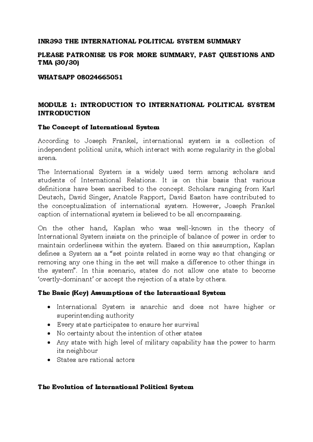 INR393 THE International Political System Summary - INR393 THE ...
