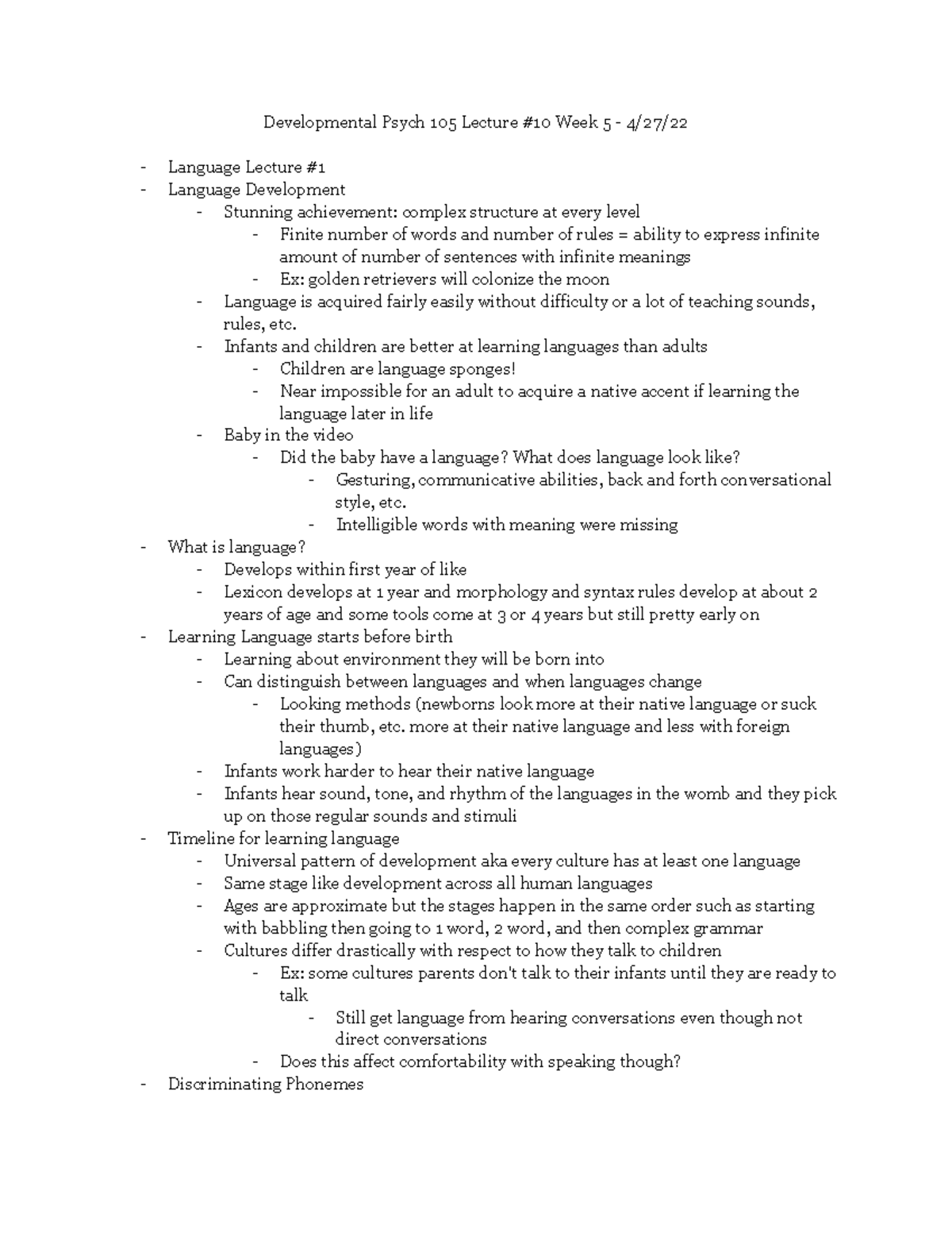 Language Lecture 1 - Spring 2022 - Developmental Psych 105 Lecture Week ...