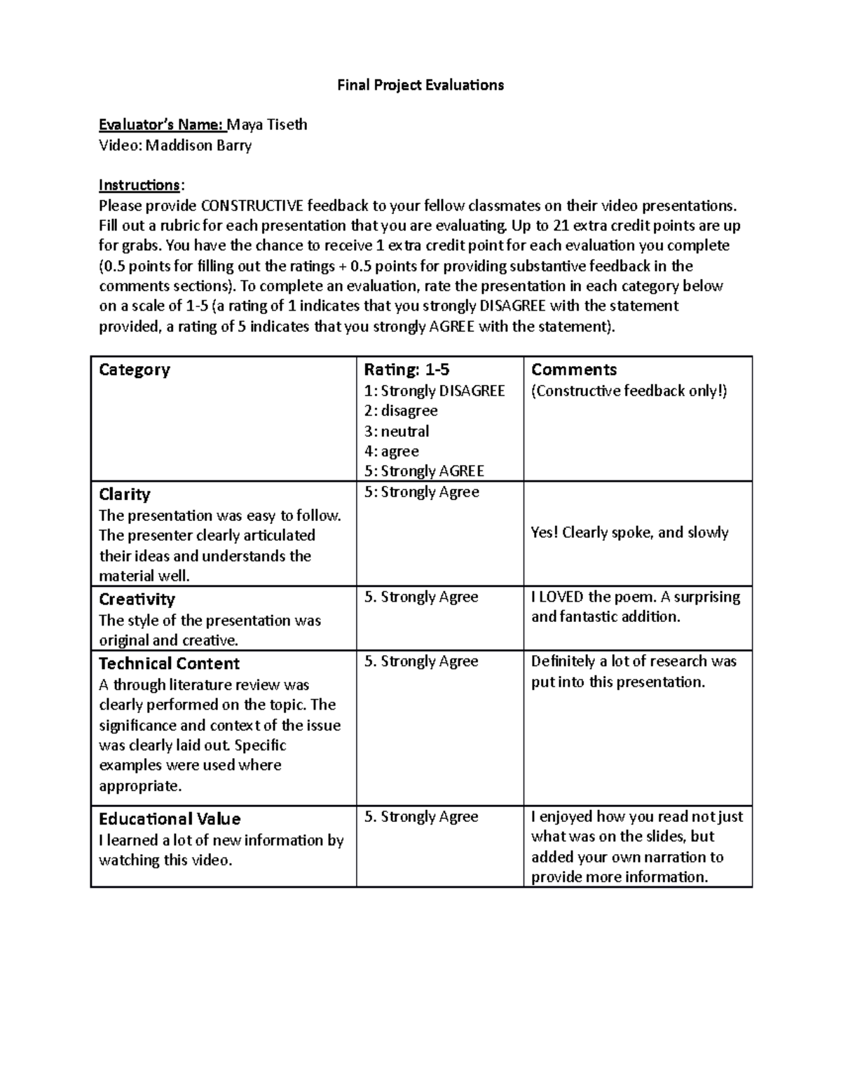Final Project Video Reviews - Final Project Evaluations Evaluator’s ...