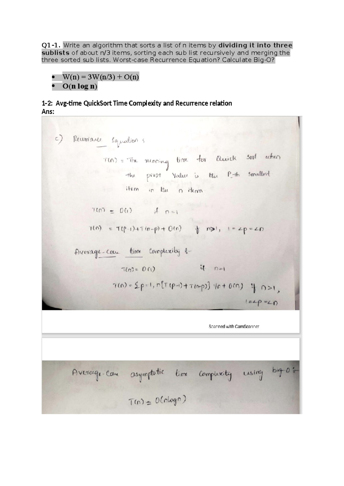 Algo Compre Answers Summary Algorithms Q1 1 Write An Algorithm That Sorts A List Of N Items 2951