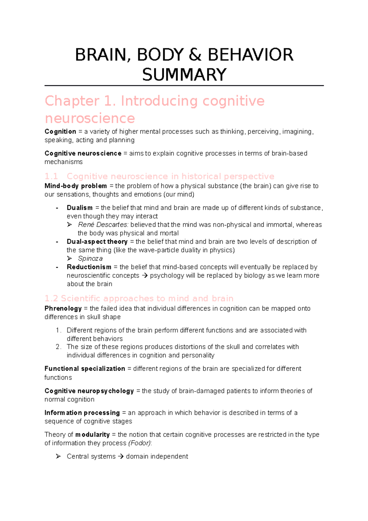 Brain, Body & Behavior summary - BRAIN, BODY & BEHAVIOR SUMMARY Chapter ...