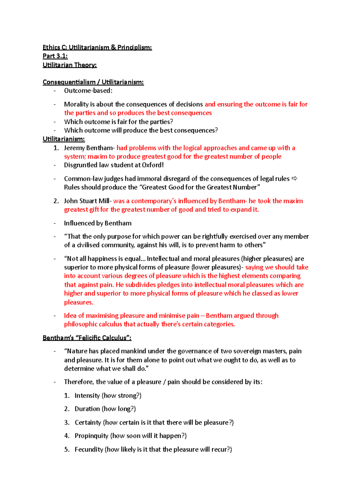 3-Ethics C - Lecture notes 1 - Ethics C: Utilitarianism & Principlism ...