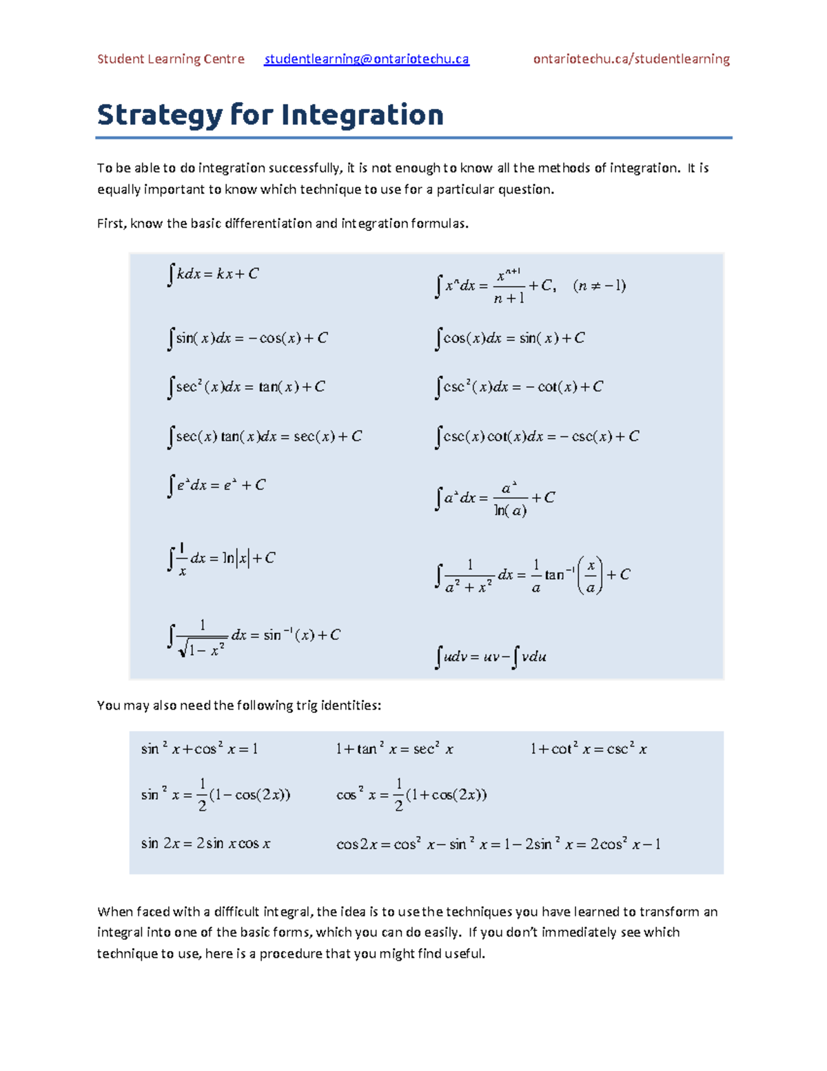 Strategy for Integration W2022 - MATH 1190 - Yorku - Studocu