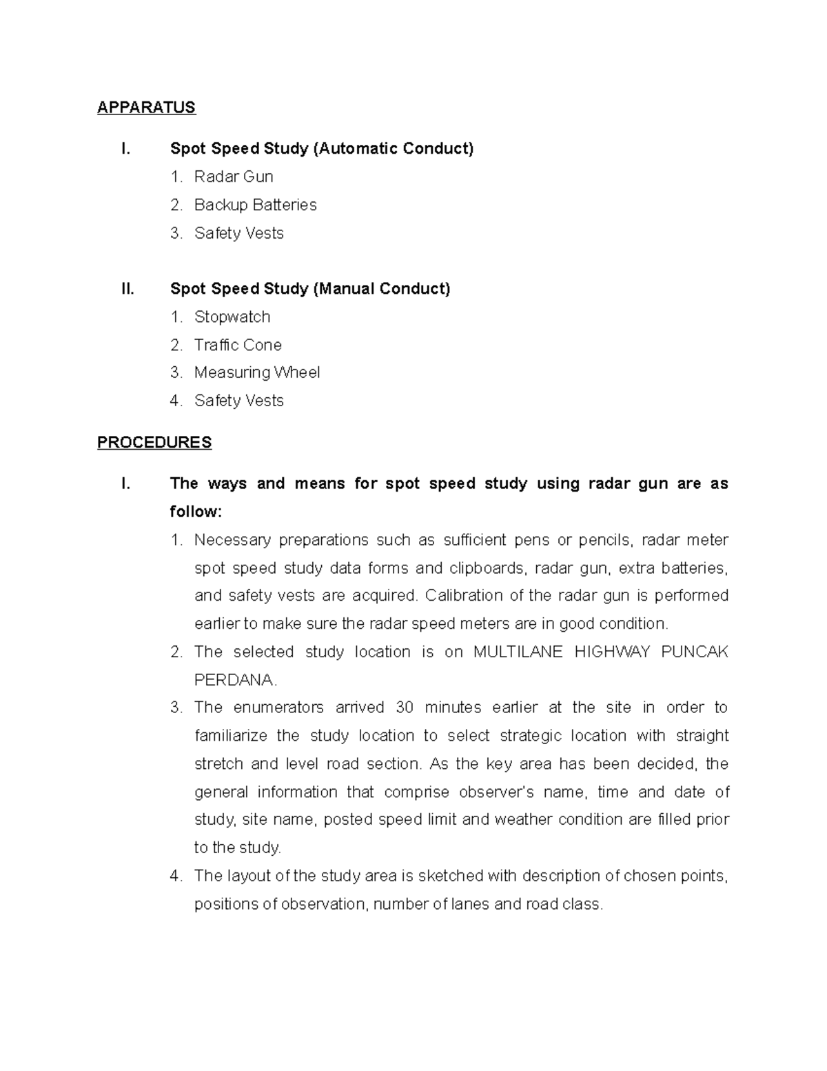 Apparatus AND Procedure SPOT Speed Study - APPARATUS I. Spot Speed ...
