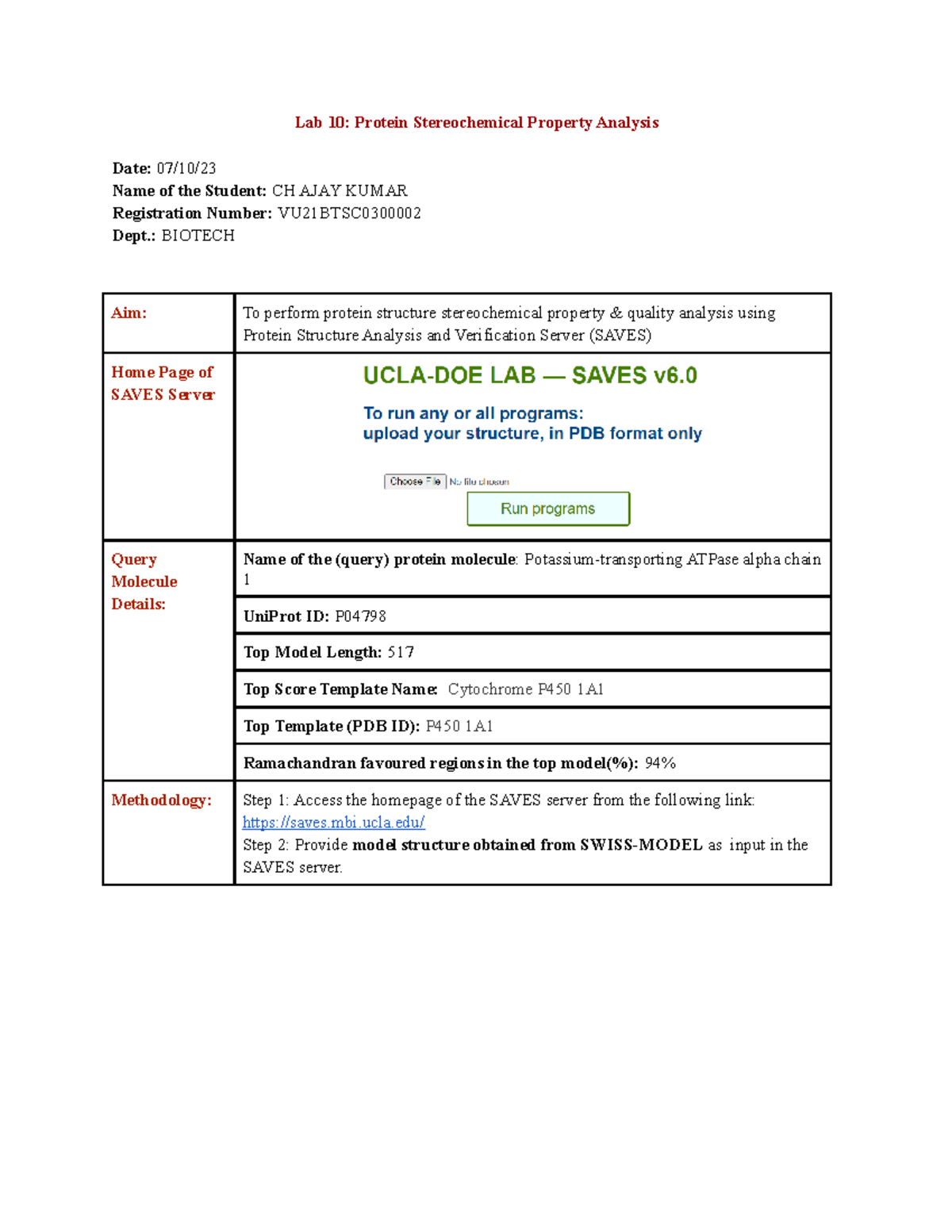 Protein Stereochemical Property Analysis - : BIOTECH Aim: To perform ...