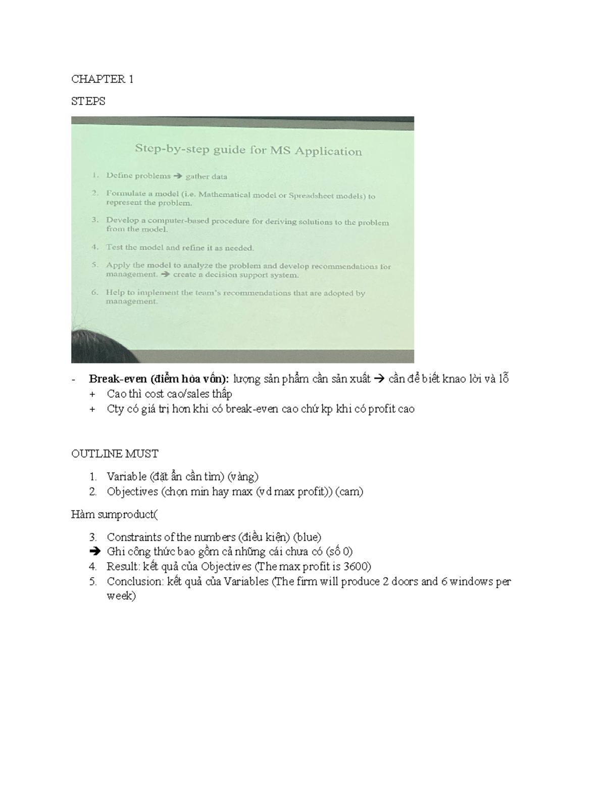 MOD - NOTE MODELLING - CHAPTER 1 STEPS Break-even (điểm hòa vốn): lượng ...