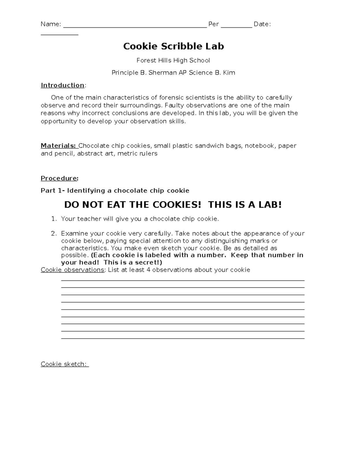 Cookie lab - n/a - ____________ Cookie Scribble Lab Forest Hills High ...