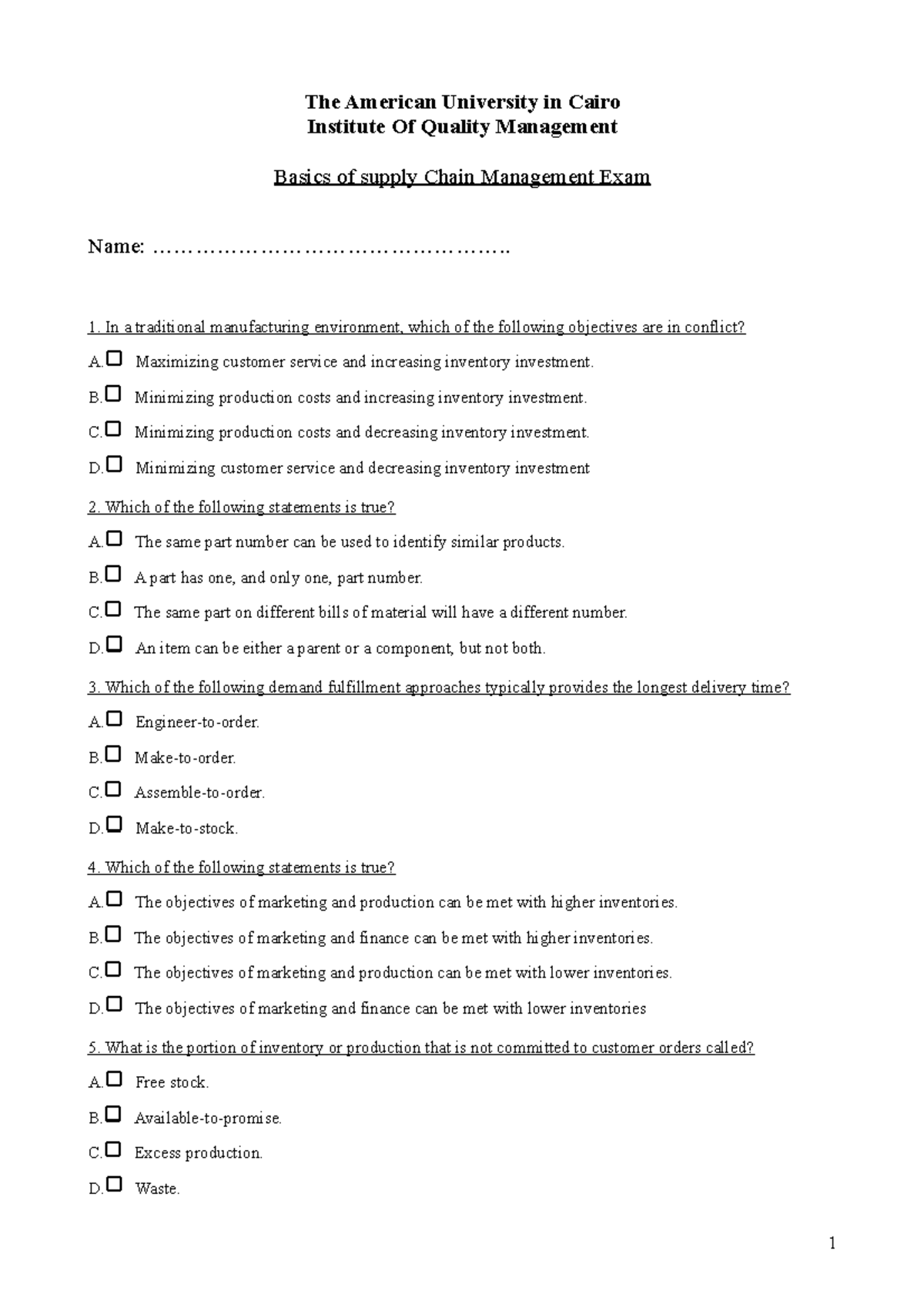 BSC Exam - BSC Exam - The American University in Cairo Institute Of Quality Management Basics of ...