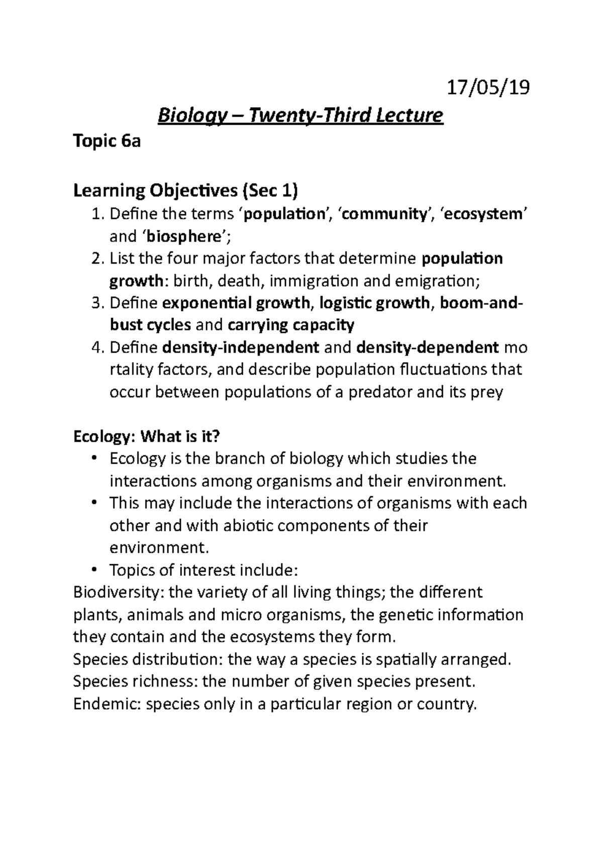 Bio Twenty-Third Lecture - 17/05/ Biology – Twenty-Third Lecture Topic ...
