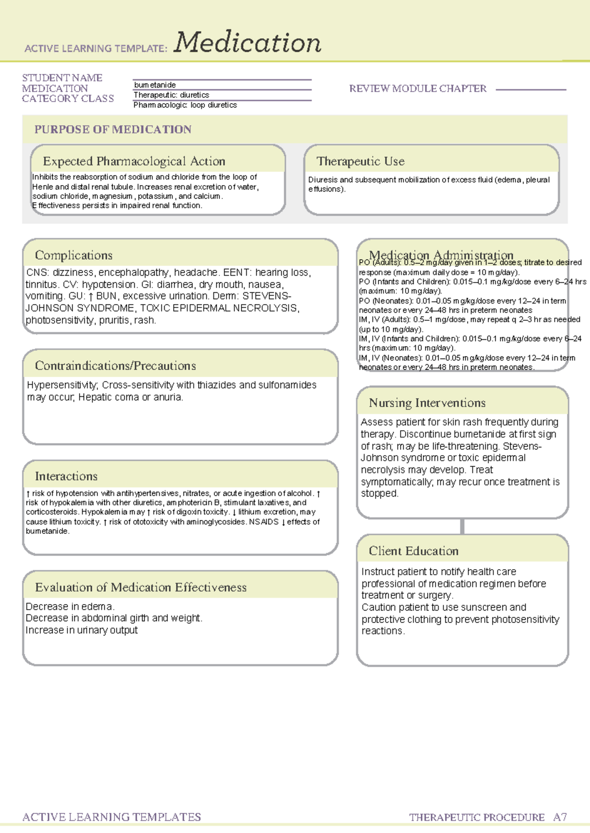 Bumetanide - Medication - STUDENT NAME MEDICATION REVIEW MODULE CHAPTER ...