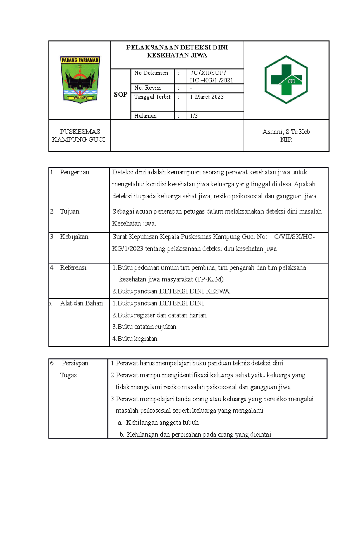 SOP Skrining JIWA - PELAKSANAAN DETEKSI DINI KESEHATAN JIWA SOP No ...
