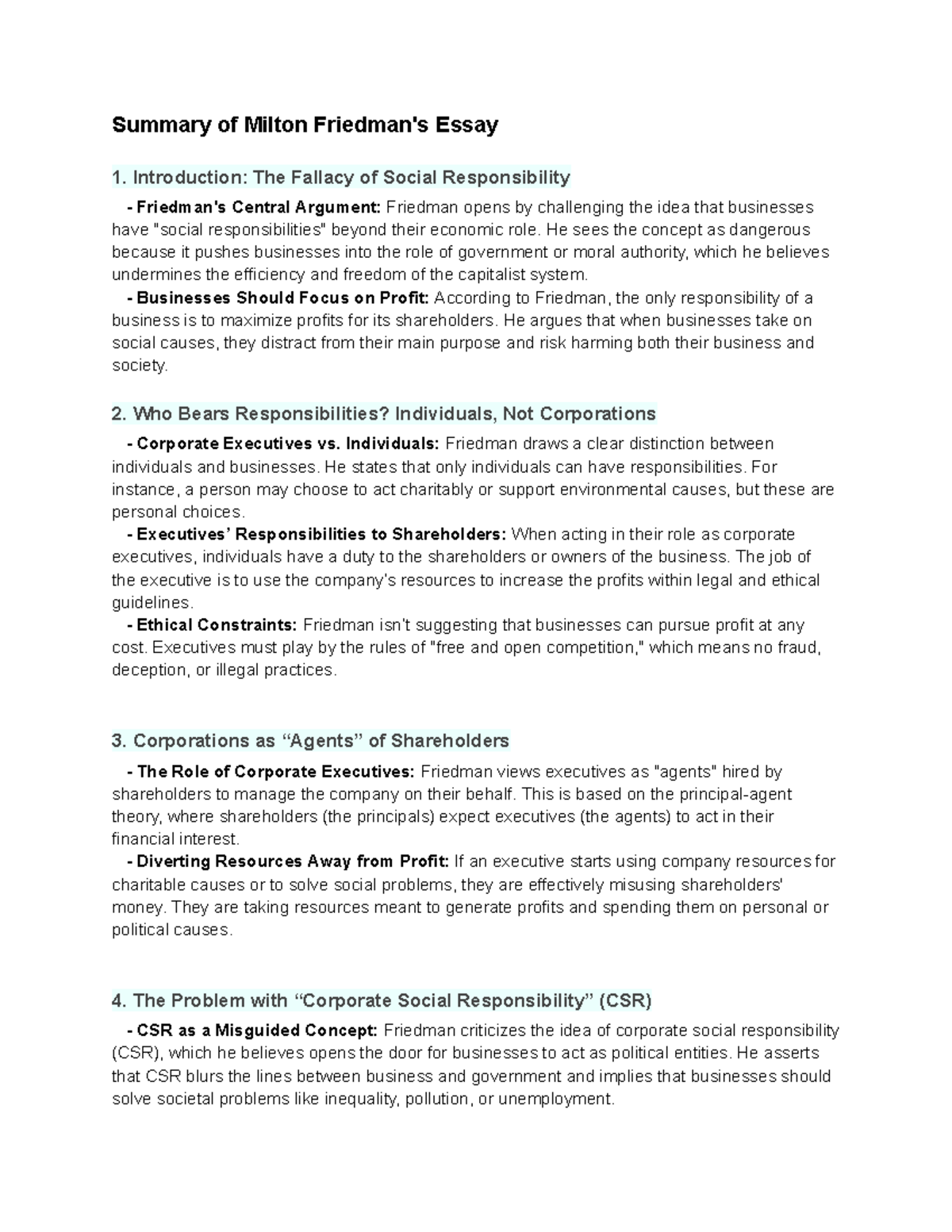 BUS223 Class 1 Notes of Reading - Summary of Milton Friedman's Essay 1 ...