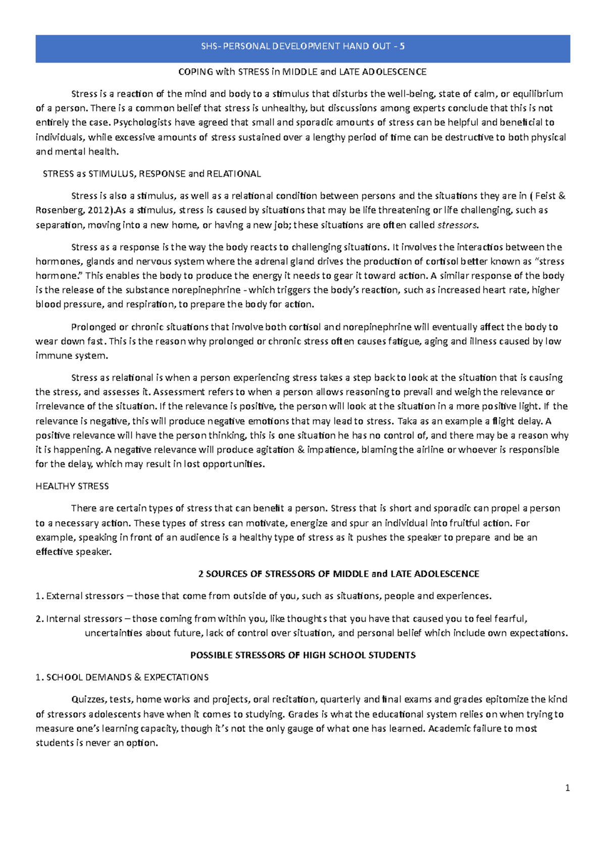 WEEK 5 Coping with Stress in Middle & Late Adolescence Handout - COPING ...