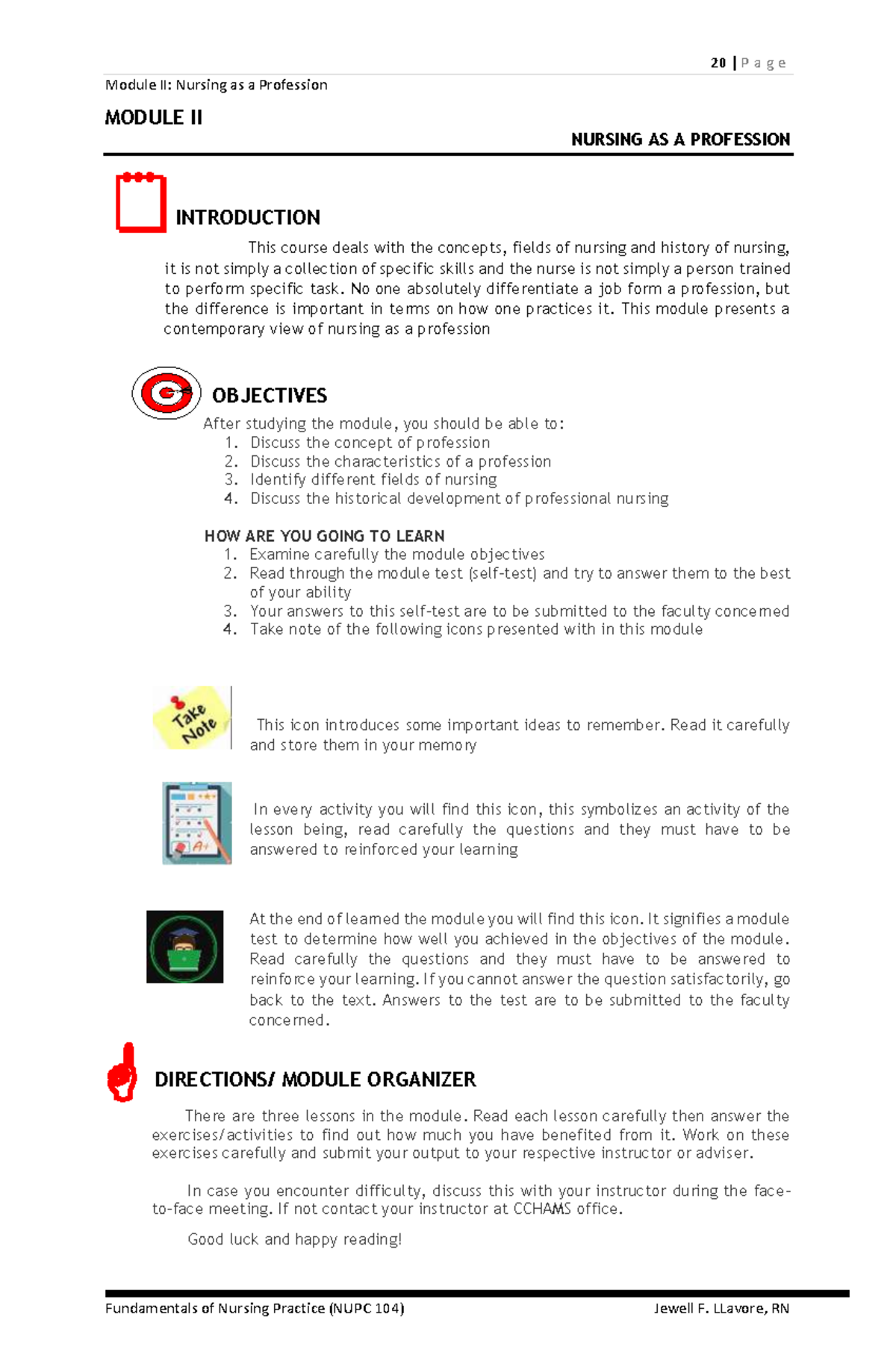 Module 2 - Fundamentals - Module II: Nursing as a Profession DIRECTIONS/ MODULE ORGANIZER MODULE ...