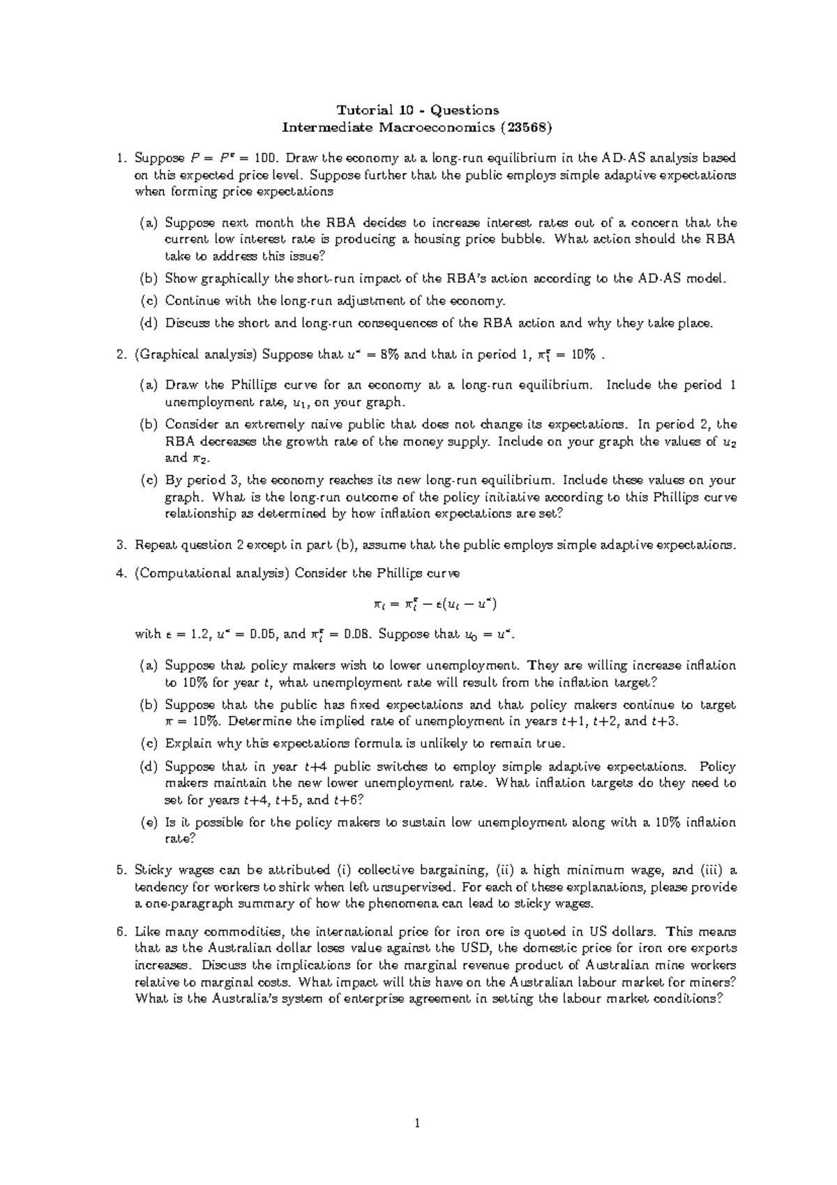 Tut10 - soluitions to tutorial 10 - Tutorial 10 - Questions Intermediate Macroeconomics (23568 ...