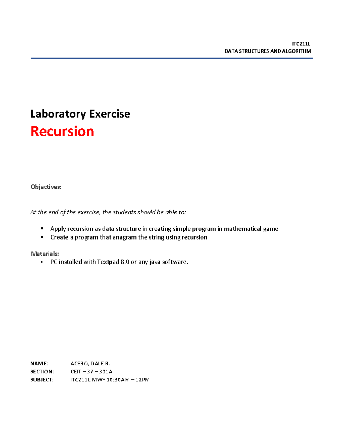 Acebo, Dale - Recursion - ITC211L DATA STRUCTURES AND ALGORITHM ...