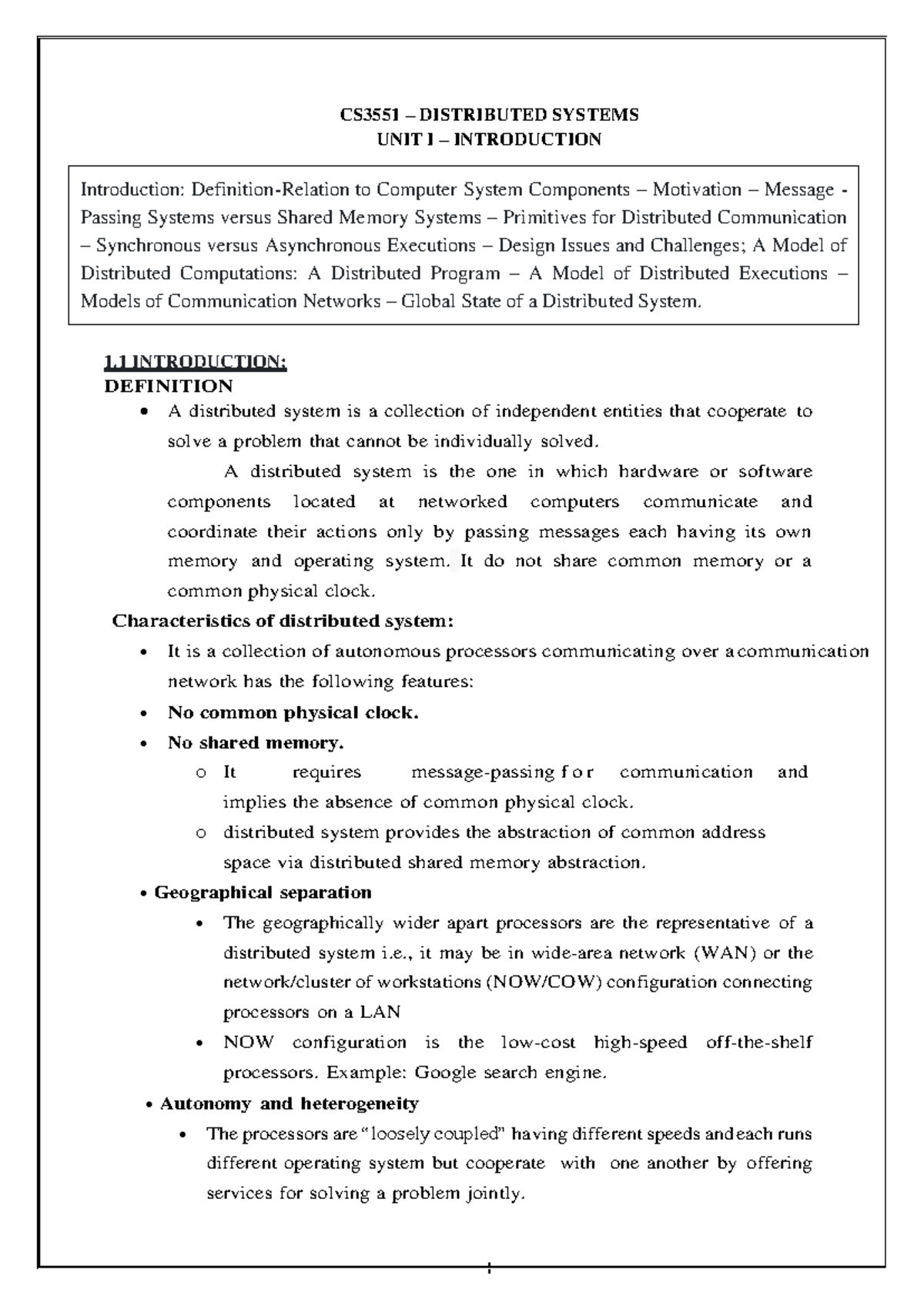 Unit 1 1 Distributed Computing Notes 2021 Regulation Cs3551 Distributed Systems Unit I