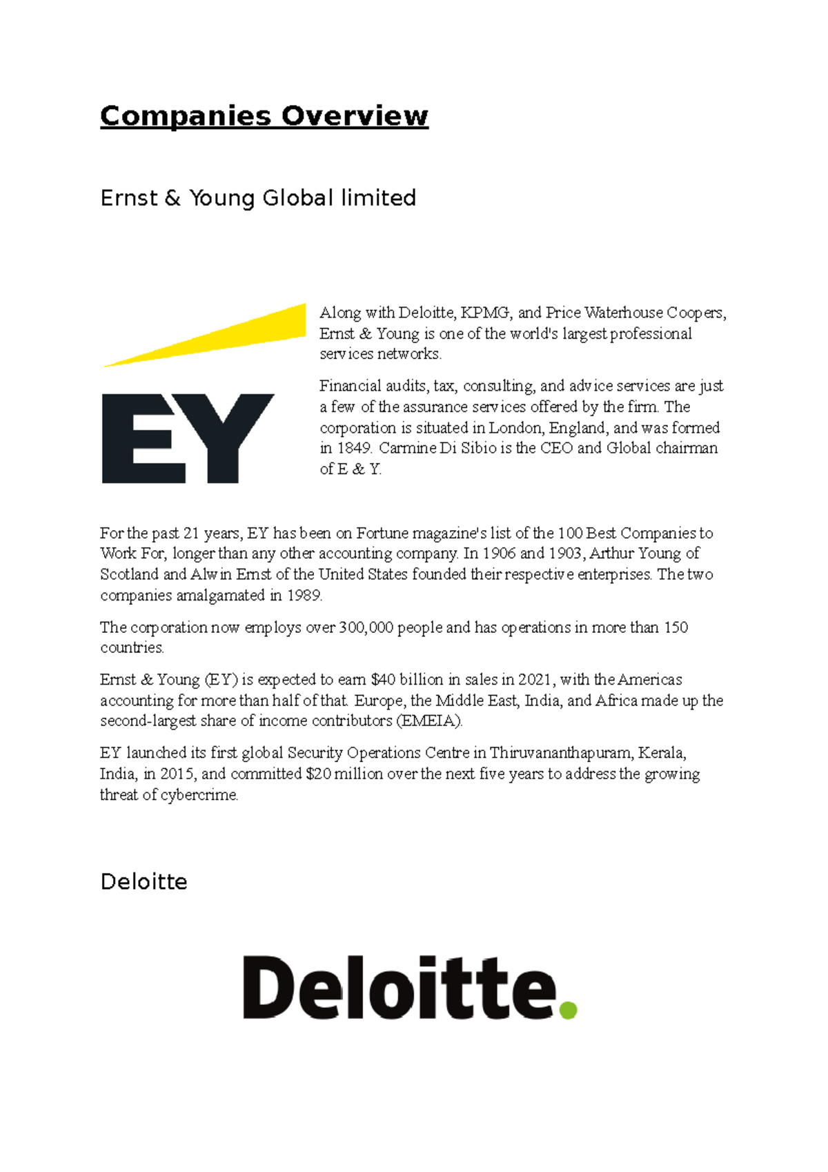 Industry analysis word doc - Companies Overview Ernst & Young Global ...