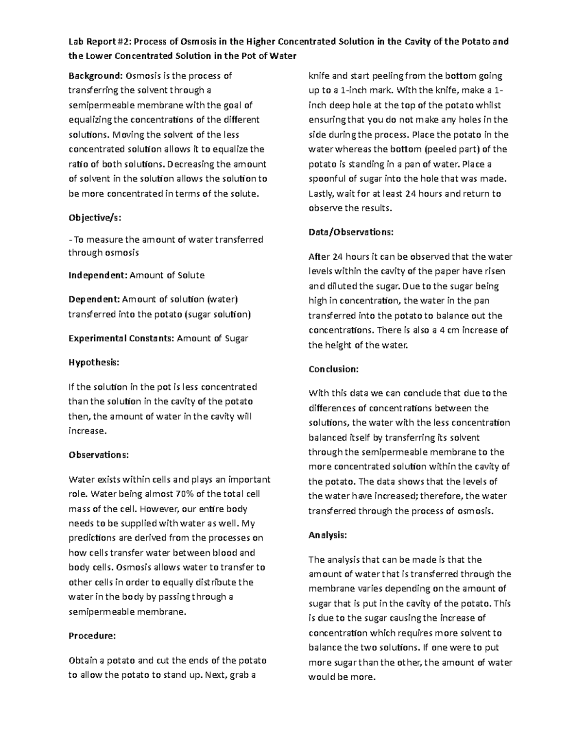 Biology Osmosis Potato Experiment Laboratory Work - Lab Report #2 ...