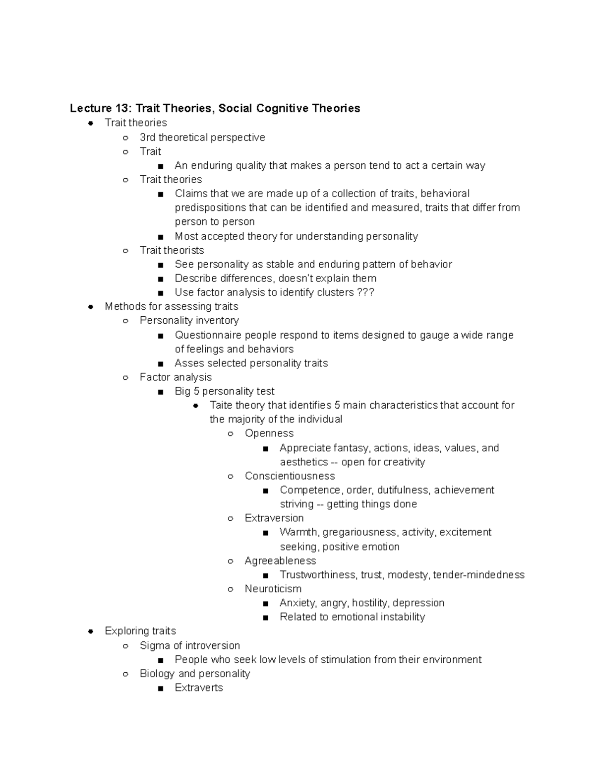 Lecture 13 8 22 - notes - Lecture 13: Trait Theories, Social Cognitive ...