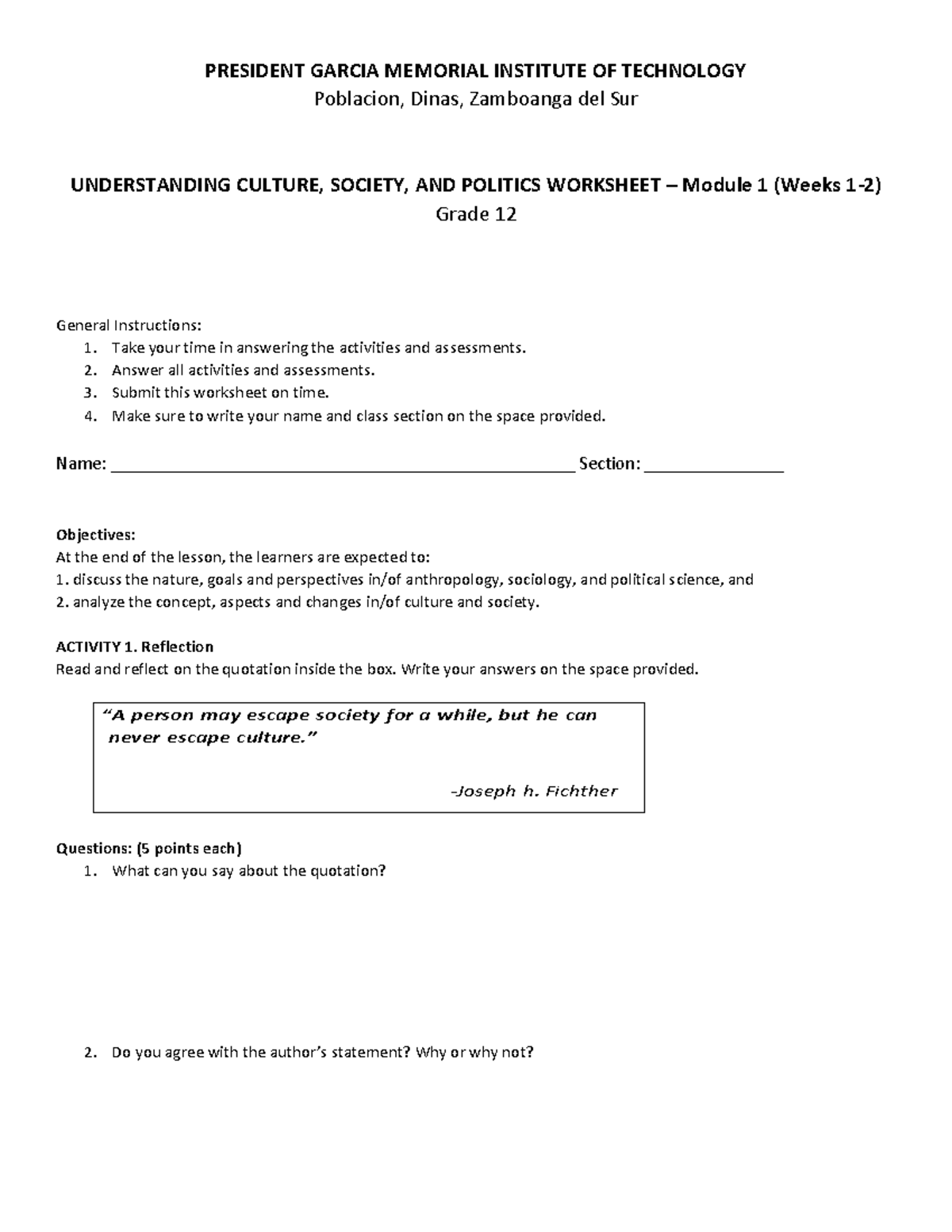 UCSP Week 1 2 Worksheet - PRESIDENT GARCIA MEMORIAL INSTITUTE OF ...