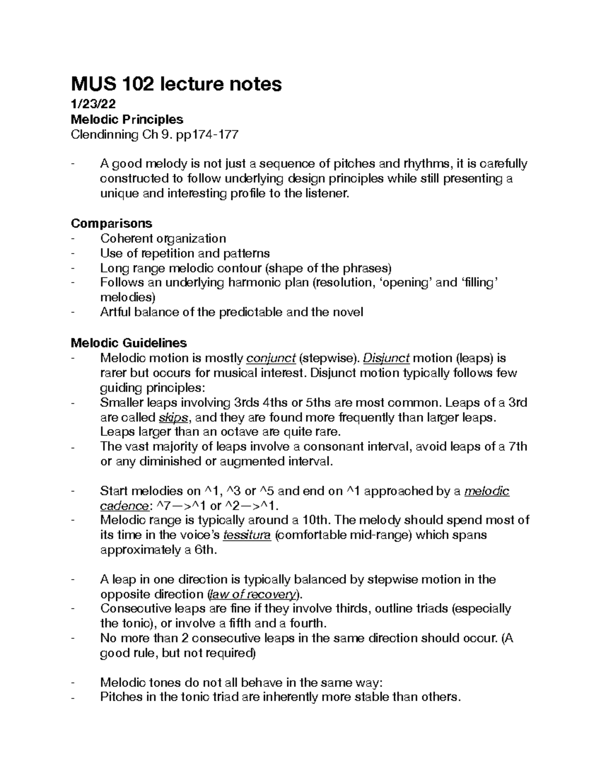 MUS 102 lecture notes - Professor Taube - MUS 102 lecture notes 1/23 ...