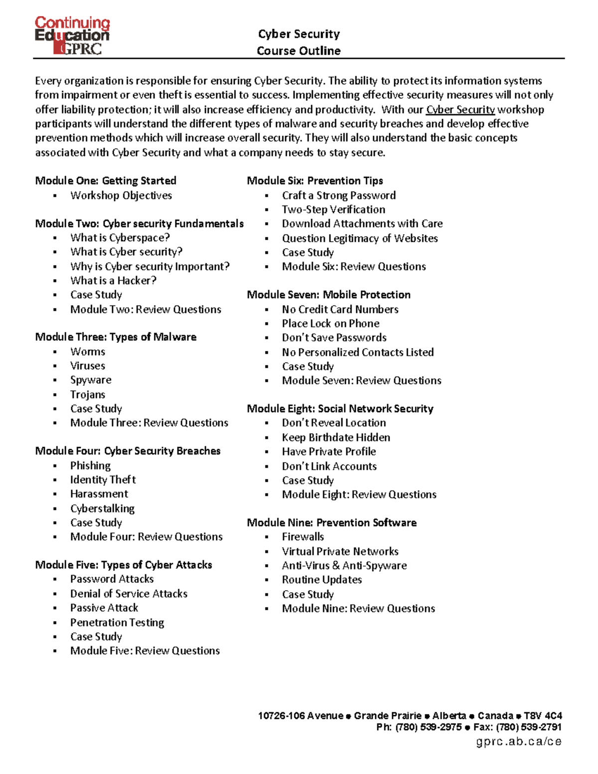 Dcs02 001 - Cyber Security Course Outline 10726-106 Avenue Grande ...