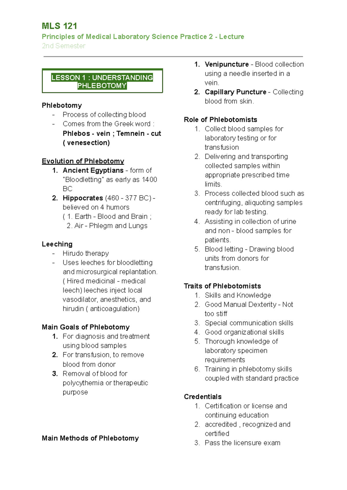 MLS 121 Reviewer - rev - Principles of Medical Laboratory Science ...