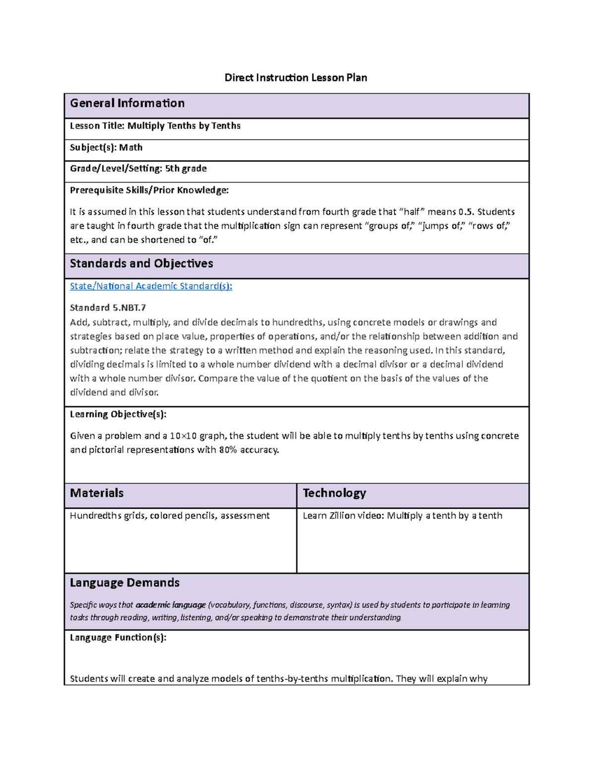 Lesson Plan - Multiplying Tenths - Direct Instruction Lesson Plan ...