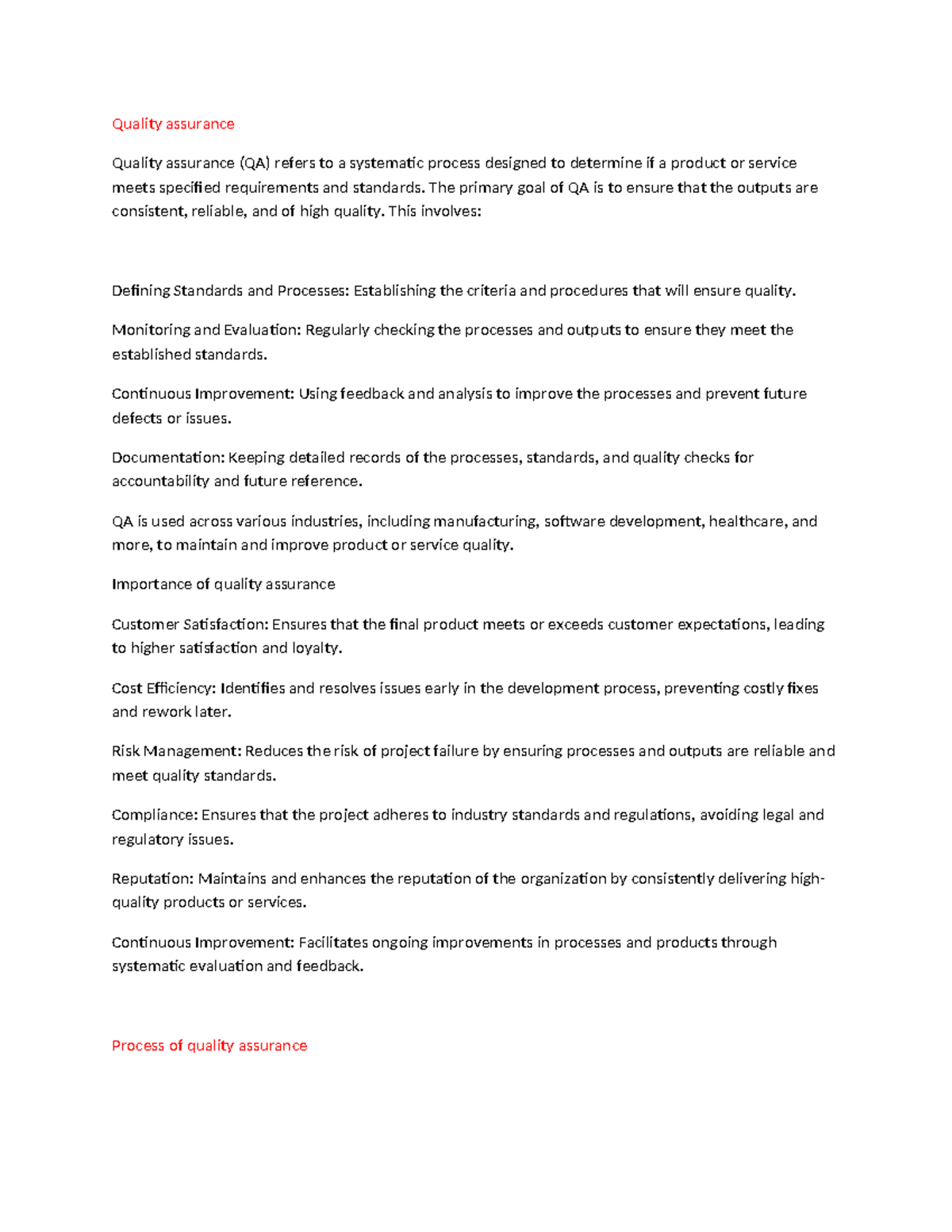 Quality assurance notes - Quality assurance Quality assurance (QA ...