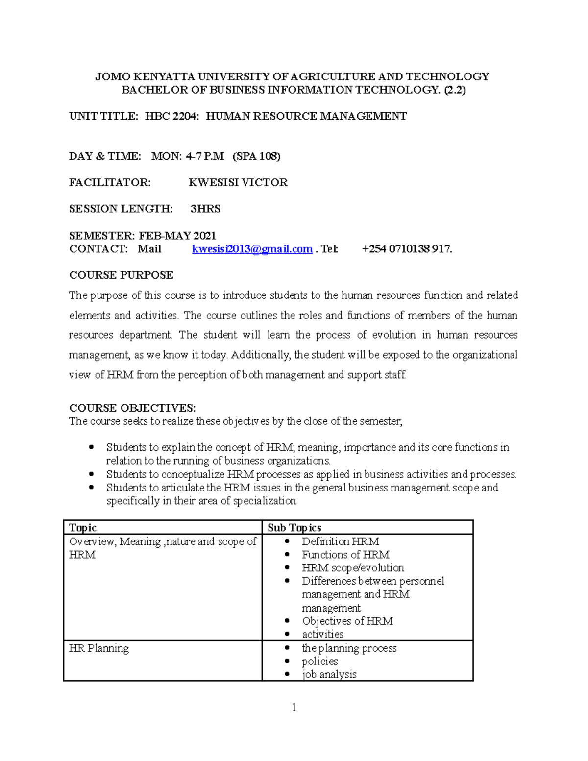 Course Outline - Human resource management - JKUAT - Studocu