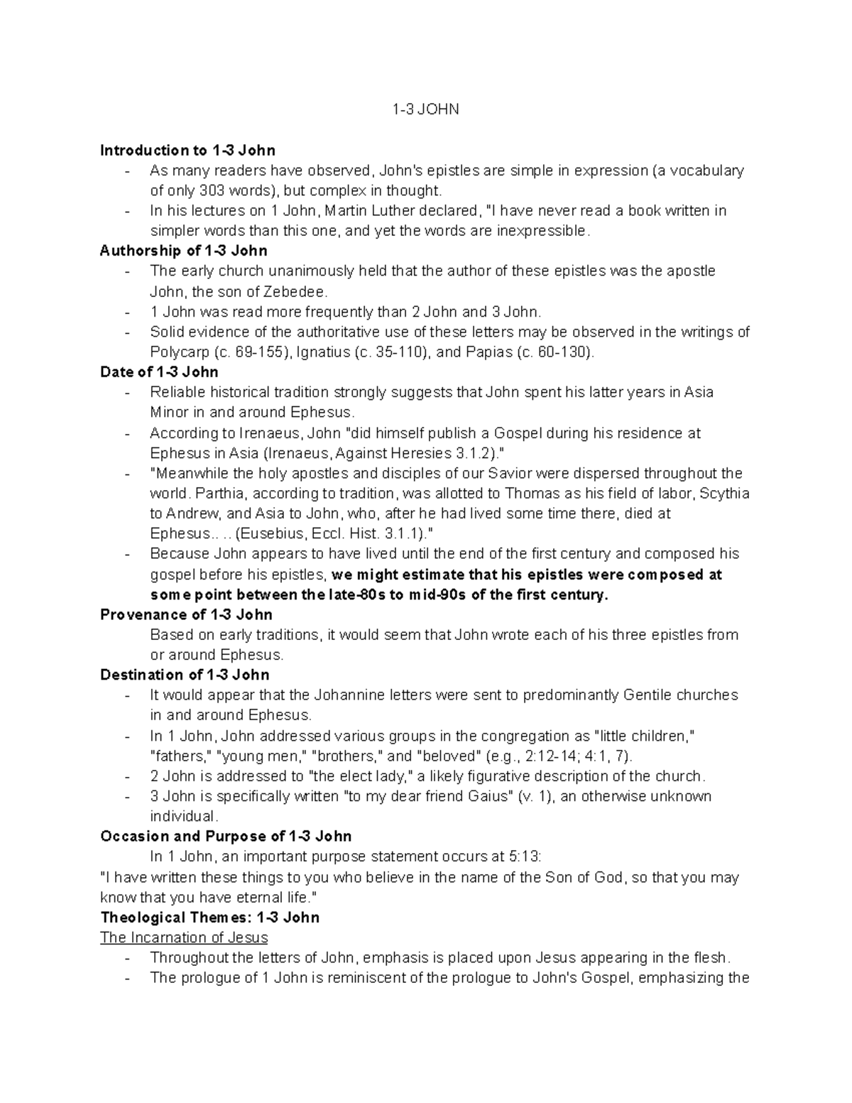1-3 JOHN - typed class notes - 1-3 JOHN Introduction to 1-3 John - As ...