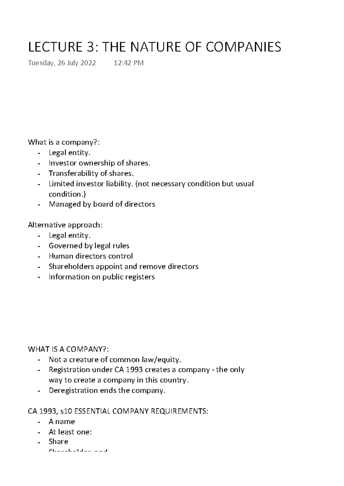 Lecture 3 THE Nature OF Companies - What is a company?: - Legal entity ...