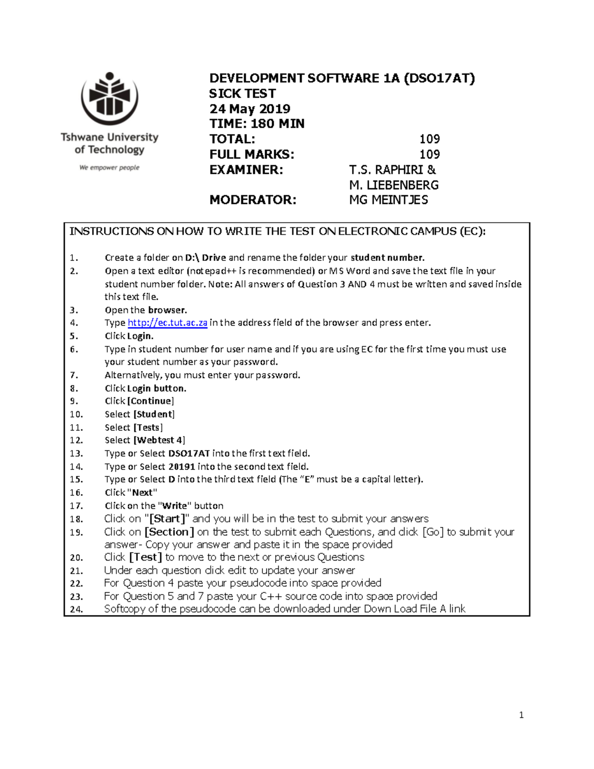 SICK TEST MEMO - memo for one of the courses dont know which one ...