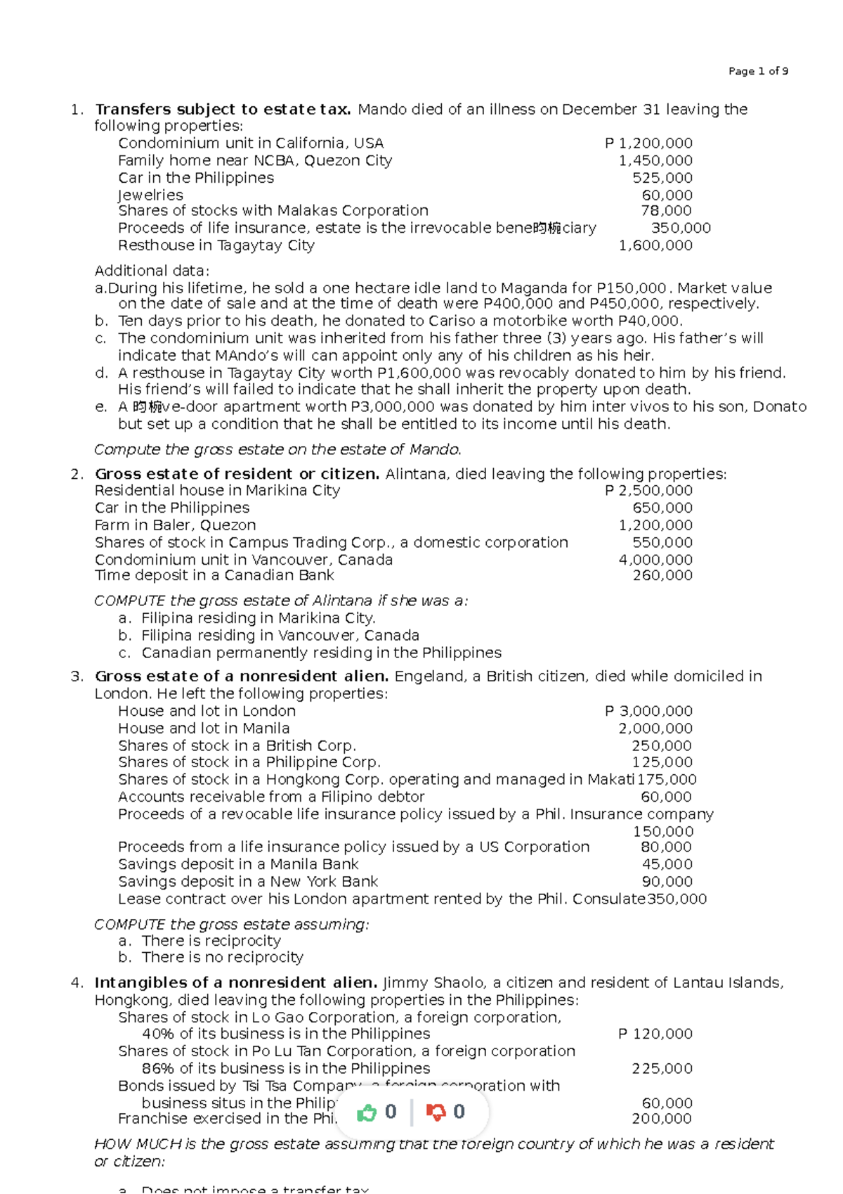 Pdfcoffee-study-and-practice compress - Page 1 of 9 Transfers subject to estate tax. Mando died ...