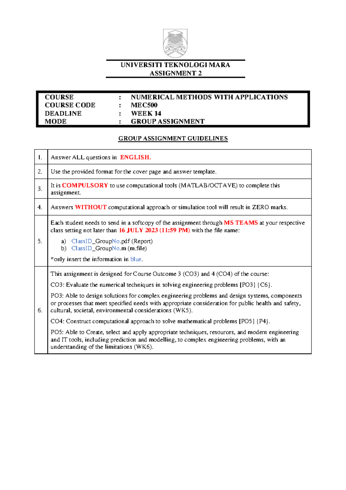 Assignment 2 MAC2023 Final (MEC500) - COURSE : NUMERICAL METHODS WITH ...