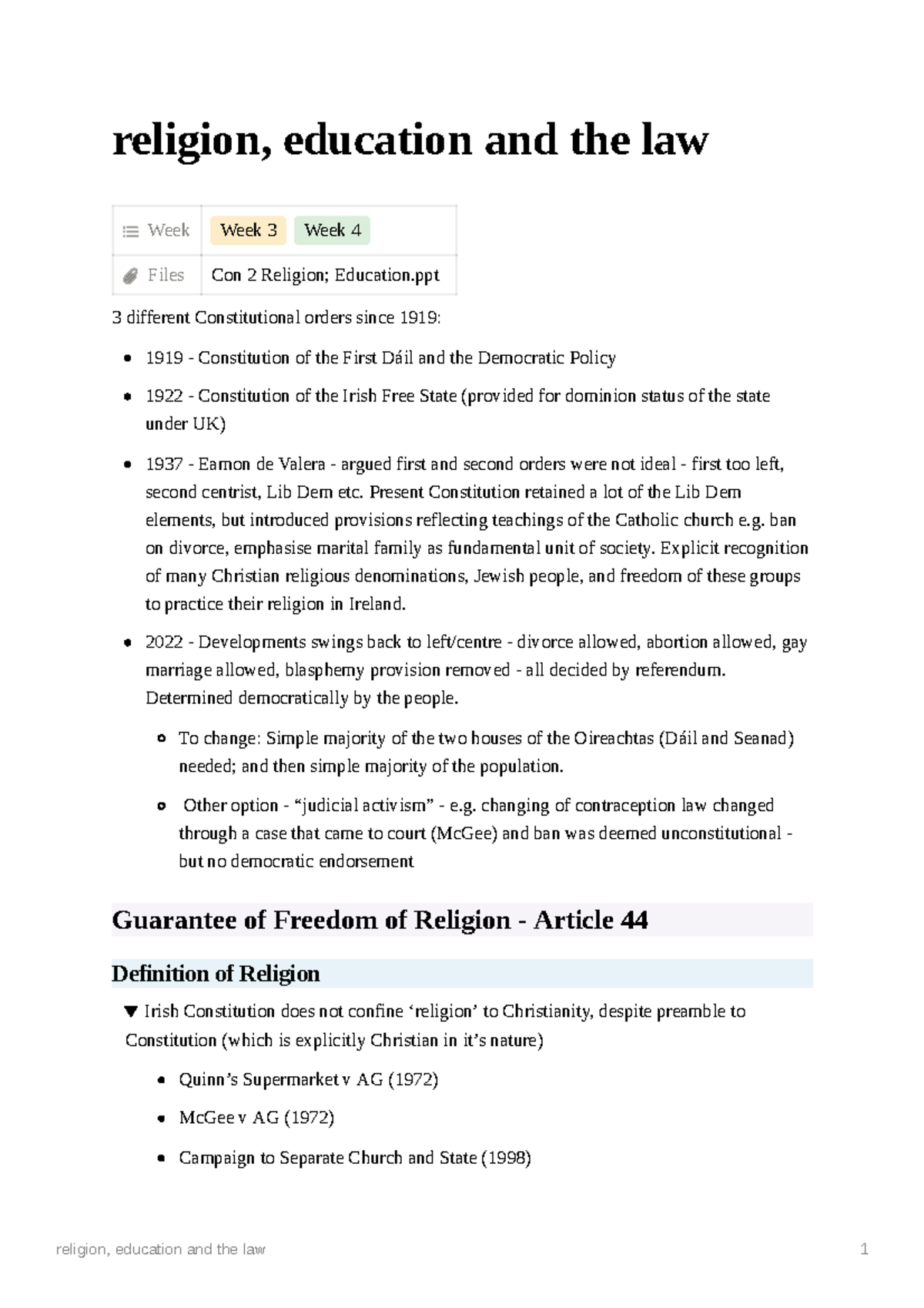 Religion - notes - religion, education and the law Week Week 3 Week 4 ...