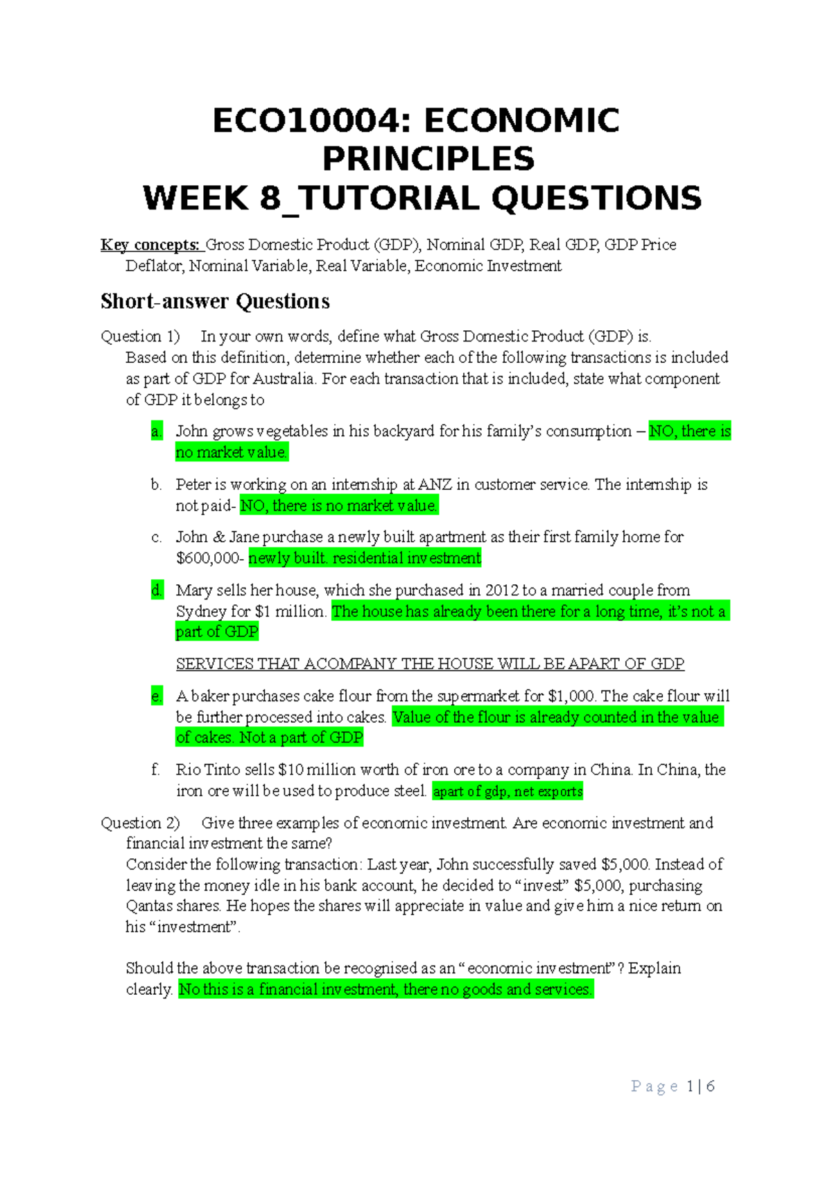 Week 8 Tutorial Questions - answered - ECO10004: ECONOMIC PRINCIPLES ...