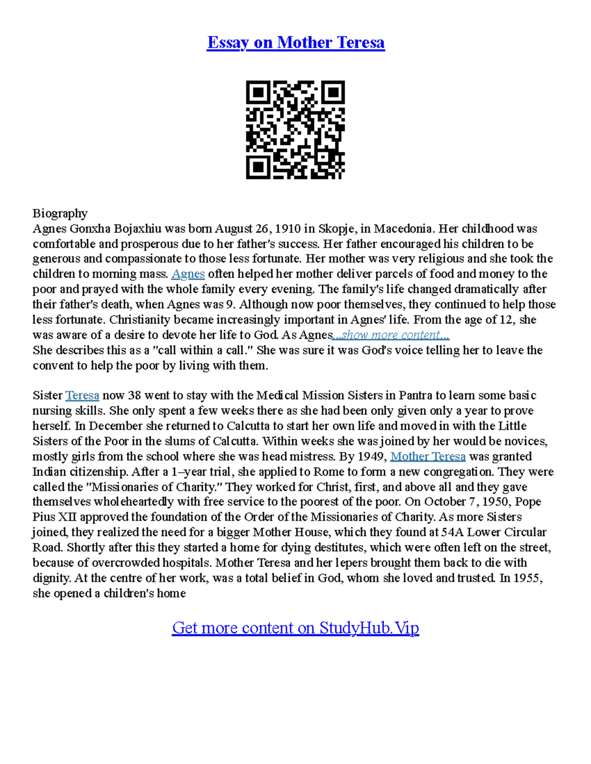 Essay On Mother Teresa For Kids - Essay on Mother Teresa Biography ...