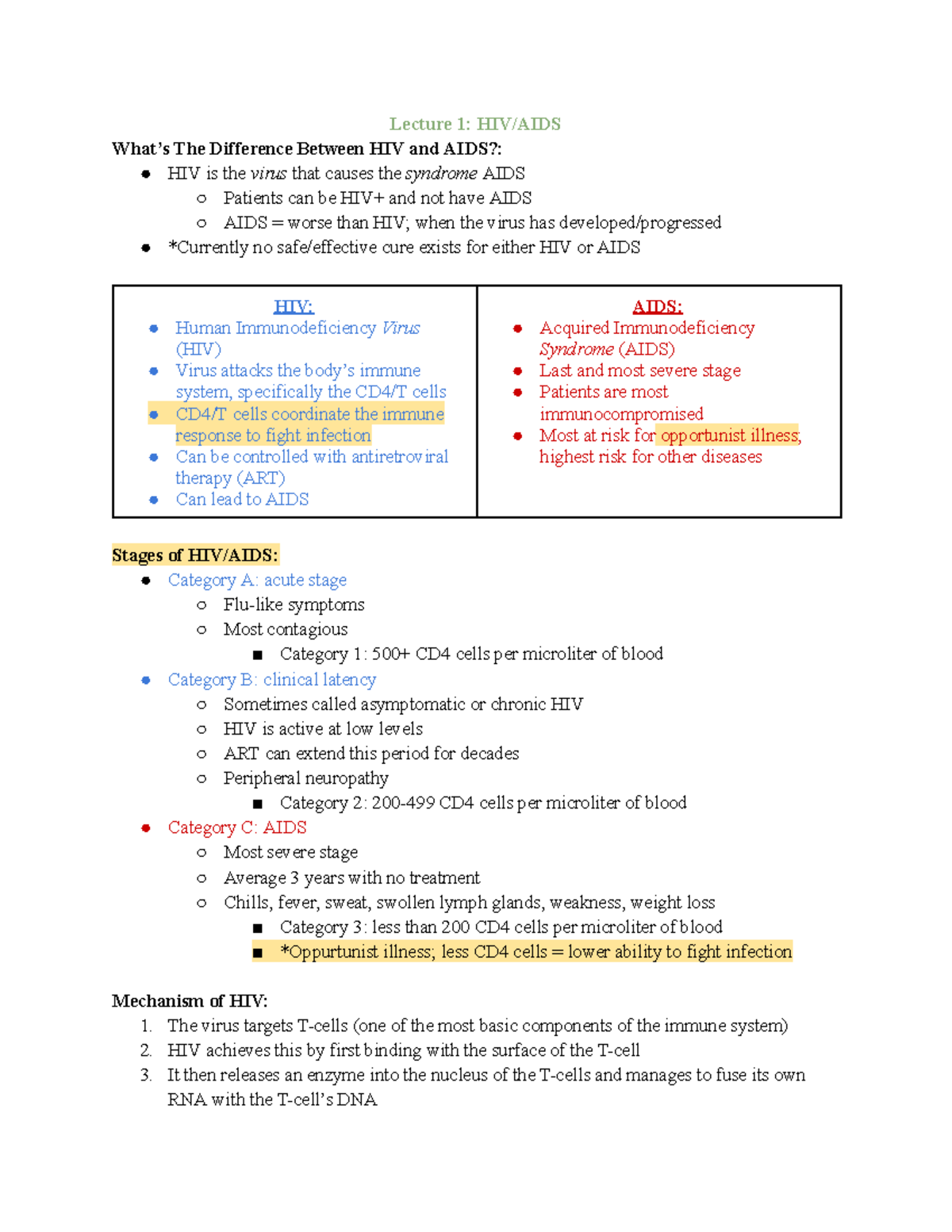 Med Surg - Typed Notes - Lecture 1: HIV/AIDS What’s The Difference ...