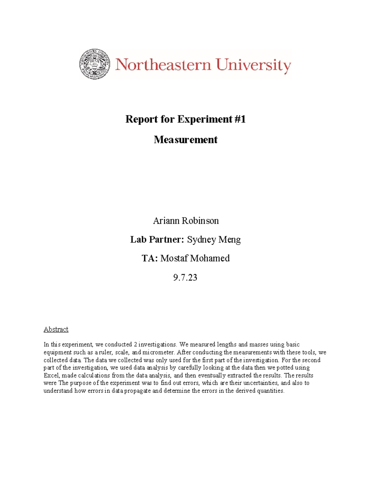 LAB 1 Report - chem - Report for Experiment # 1 Measurement Ariann Robinson Lab Partner: Sydney ...